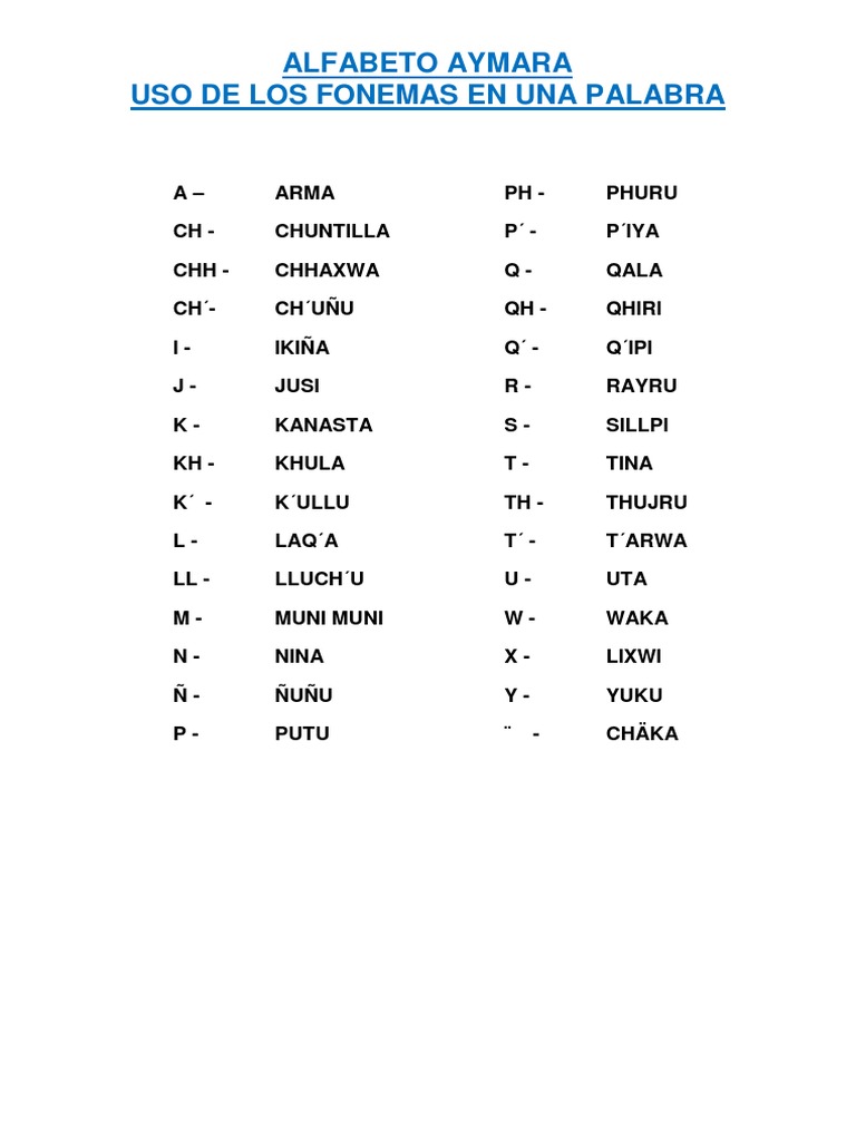 Alfabeto Aymara y Una Palabra | PDF