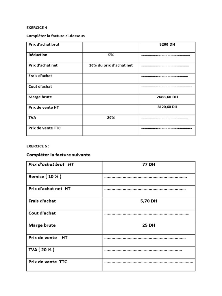 Exercices Calculs Commerciaux | PDF