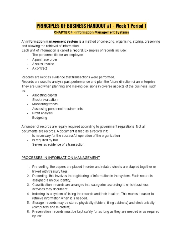 Principles of Business Handout #1 - Week 1 Period 1: CHAPTER 4 ...