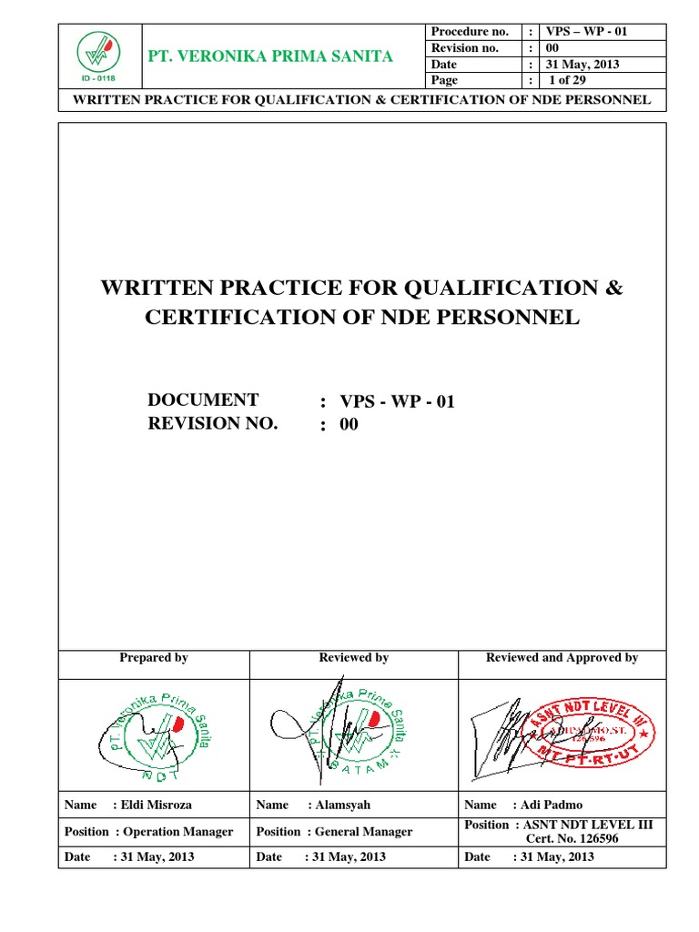 VPS WP 01 Written Practice Rev 00 | PDF | Nondestructive Testing | Science