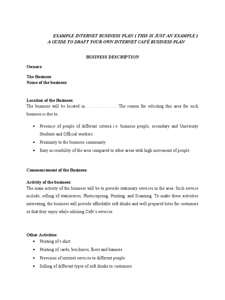 Example Business Plan Internet Cafe | PDF | Internet | Pricing
