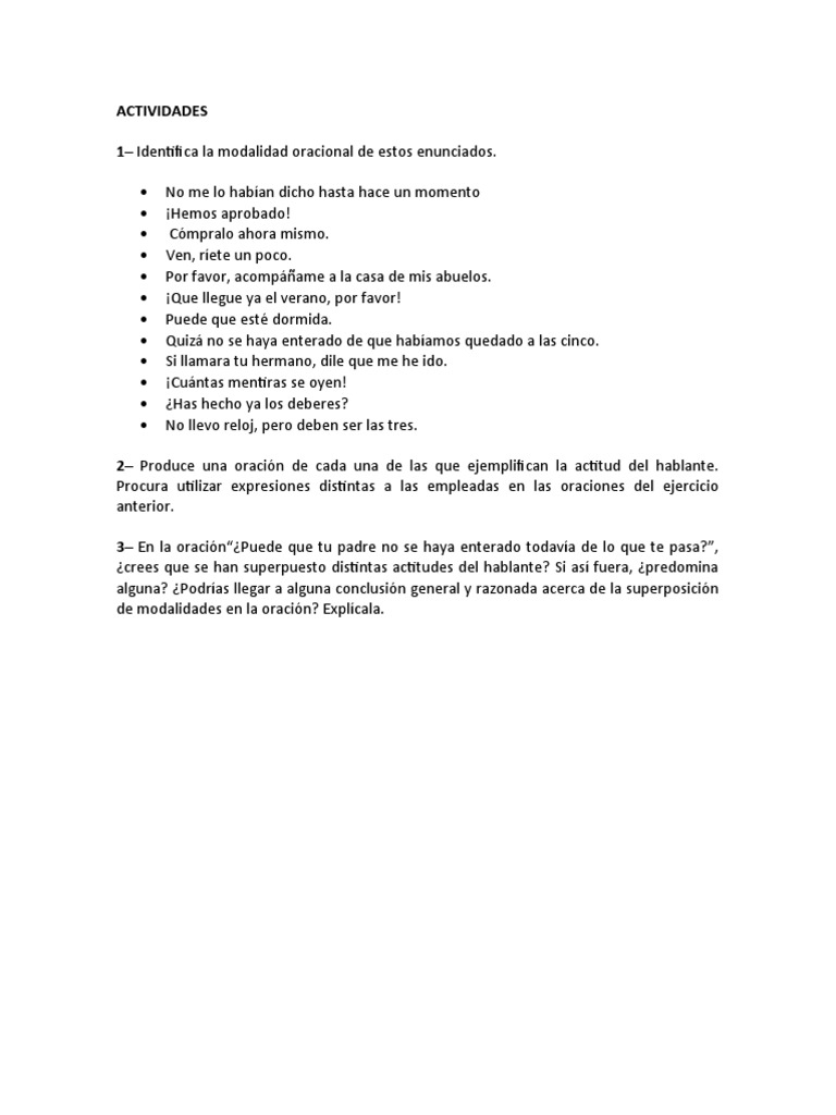 Actividades Oraciones Segun La Actitud Del Hablante | PDF