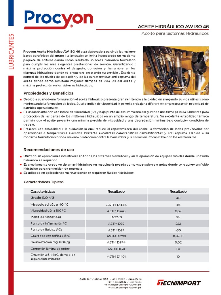 Procyon Aceite Hidráulico AW ISO 46: Un aceite hidráulico de alto ...