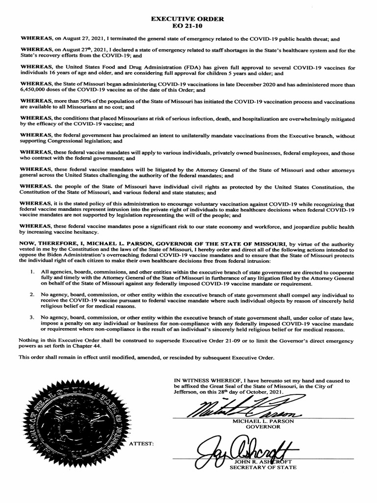Parson Executive Order 21-10 | PDF | Federal Government Of The United ...