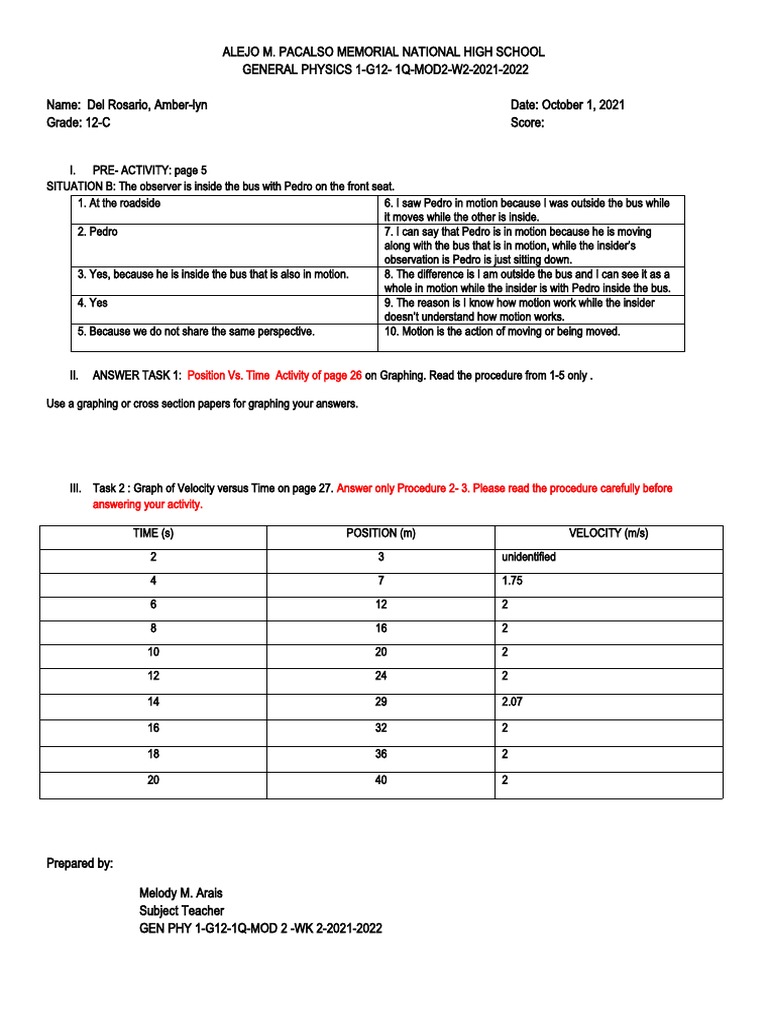 Gen Phy 1 G12 W2 1Q 2021 22 Answer Sheet | PDF | Cognition