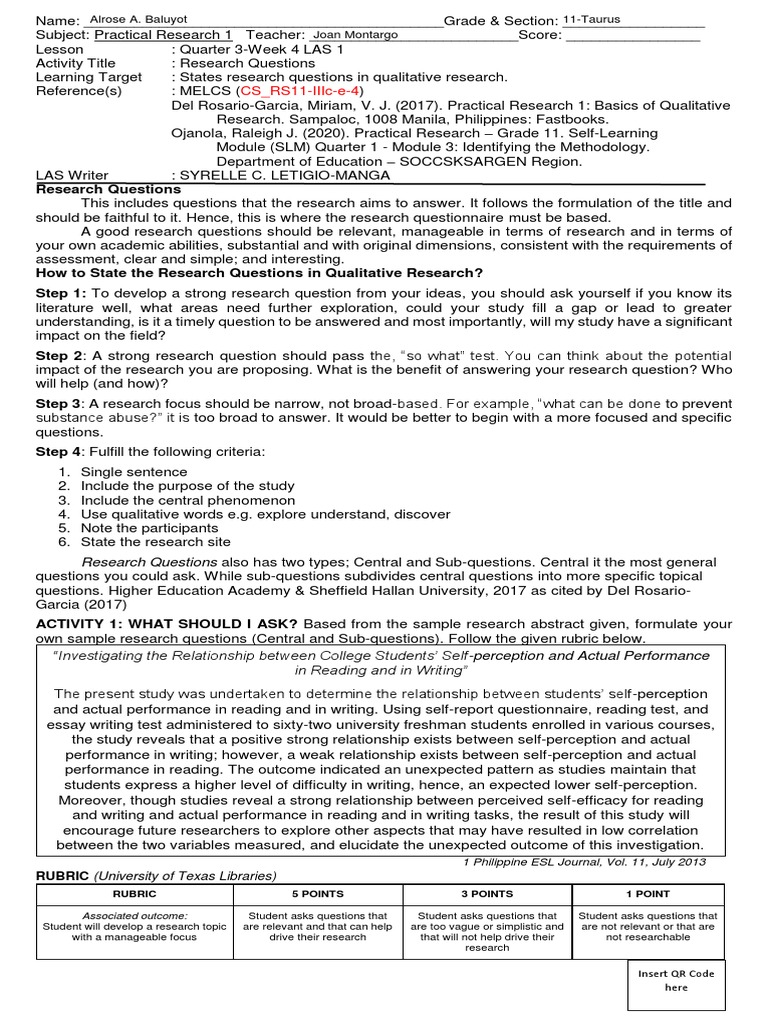 Cs - Rs11-Iiic-E-4: Research Questions Also Has Two Types Central and ...
