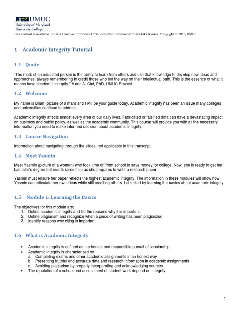 Academic Integrity Tutorial TRANSCRIPT | PDF | Plagiarism | Citation