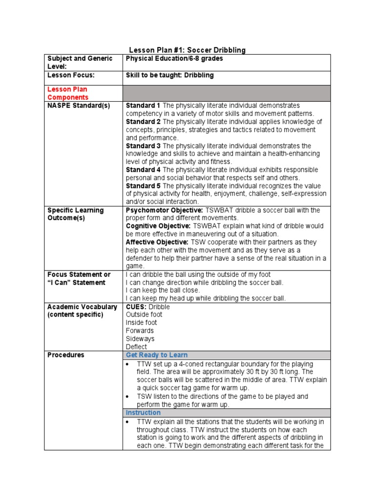 PED 339 Example Lesson Plan For Soccer Unit (LP #1 of 10 Lesson Plans ...