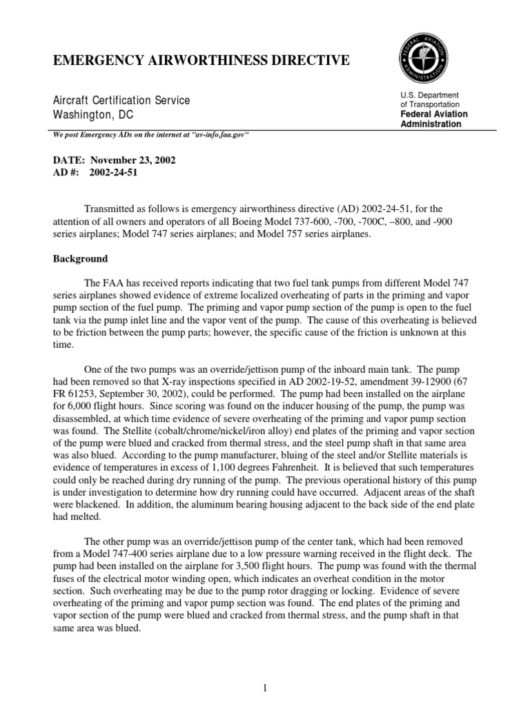 Emergency Airworthiness Directive: Aircraft Certification Service ...
