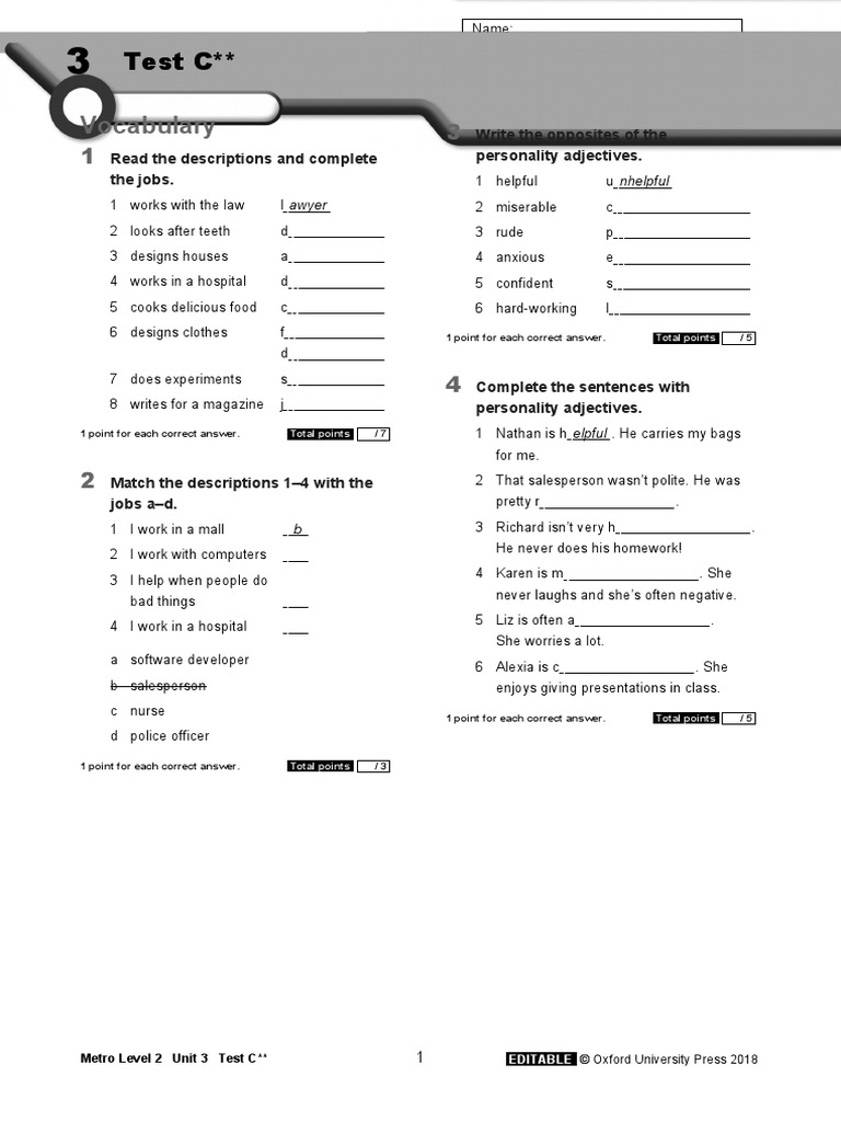 Metro Level 2 Unit 3 Test C Two Stars | PDF