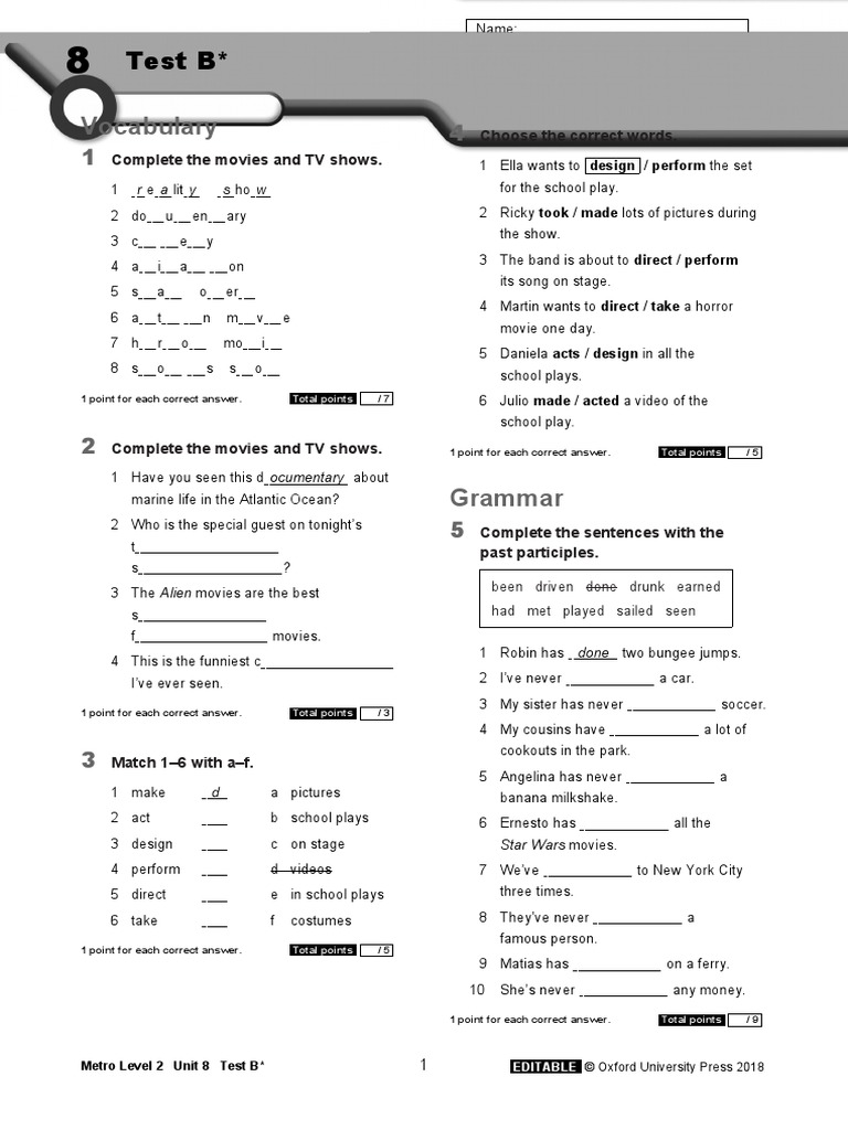 Metro Level 2 Unit 8 Test B One Star | PDF