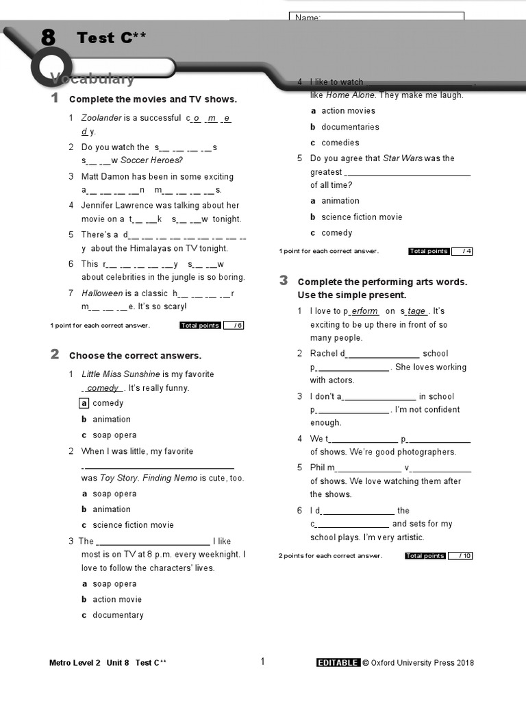Metro Level 2 Unit 8 Test C Two Stars | PDF