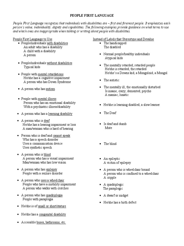People First Language Handout | PDF | Disability | Intellectual Disability