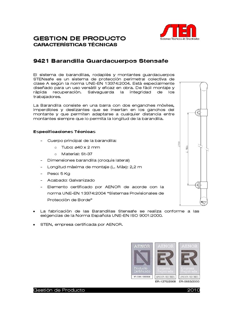 9421 - Ficha Tecnica - Barandilla Guardacuerpos - STEN | PDF