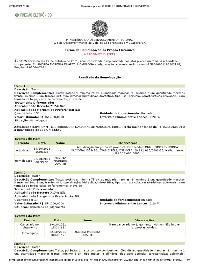 Homologação Codevasf | PDF | Trator | Potência (Física)