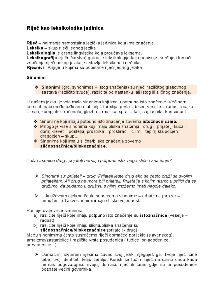 Sinonimi, Homonimi, Antonimi, Arhaizmi | PDF