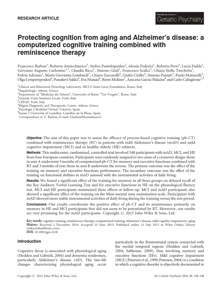 Protecting Cognition From Aging and Alzheimer 'S Disease: A Computerized Cognitive Training ...