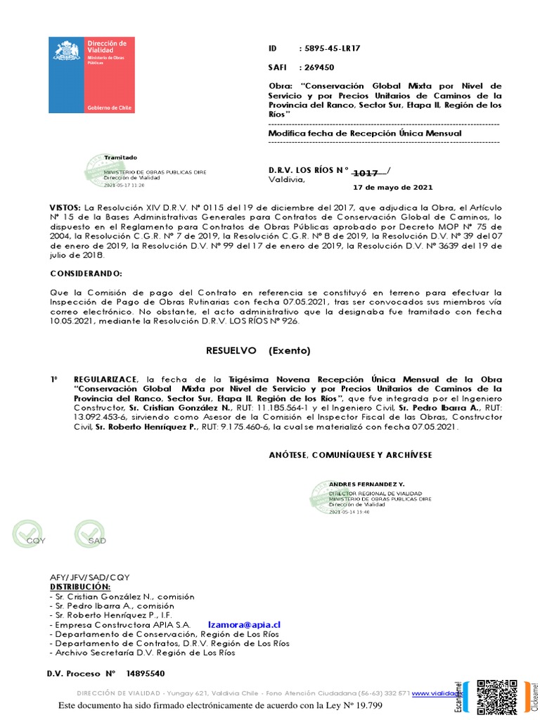 RESUELVO (Exento) : Este Documento Ha Sido Firmado Electrónicamente de Acuerdo Con La Ley #19. ...