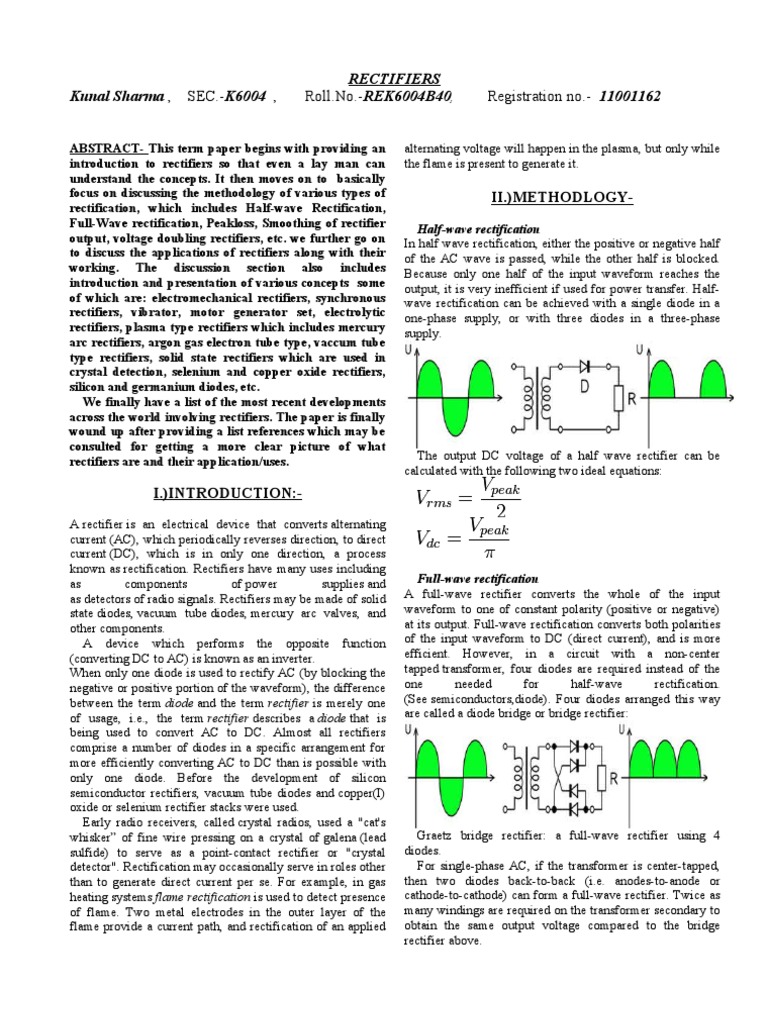 Ii.) Methodlogy-: Rectifiers Kunal Sharma, SEC.-K6004 | PDF | Rectifier | Diode