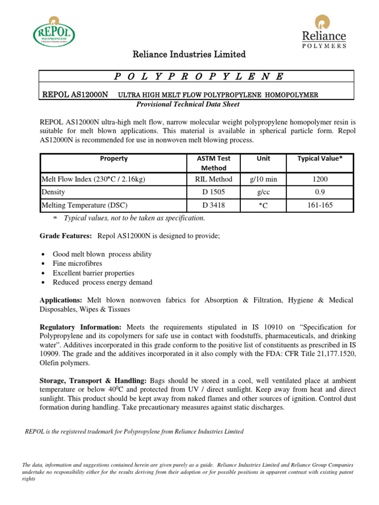 TDS Repol AS12000N | PDF | Nonwoven Fabric | Polymers