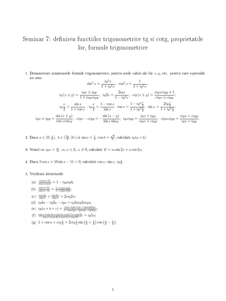Seminar 7: Denirea Functiilor Trigonometrice TG Si Cotg, Proprietatile Lor, Formule ...