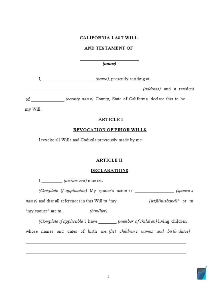 California Last Will and Testament Template | PDF | Will And Testament ...