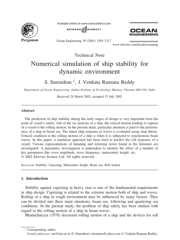 Numerical Simulation of Ship Stability For Dynamic Simulation ROLL ...