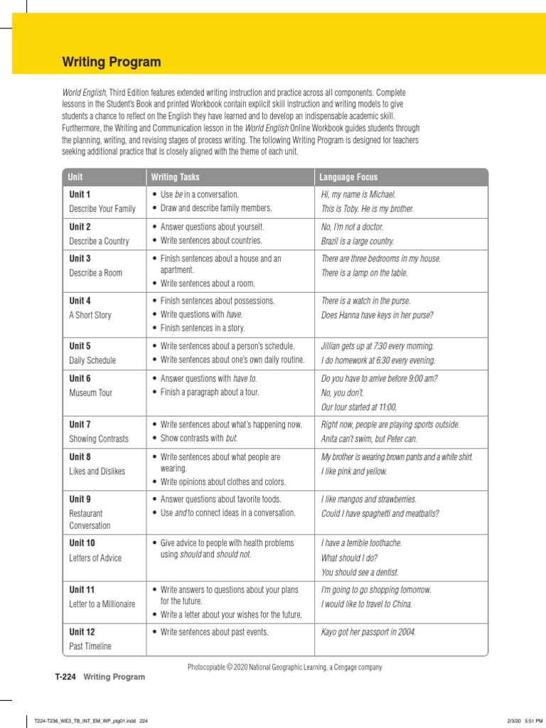 Writing Program: Unit Writing Tasks Language Focus | PDF