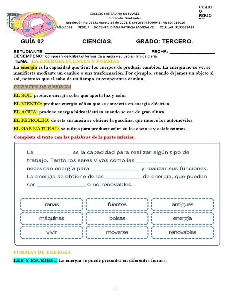 Guia # 2 P.4 3° La Energia y Sus Fuentes. Ciencias. | PDF | Calor ...