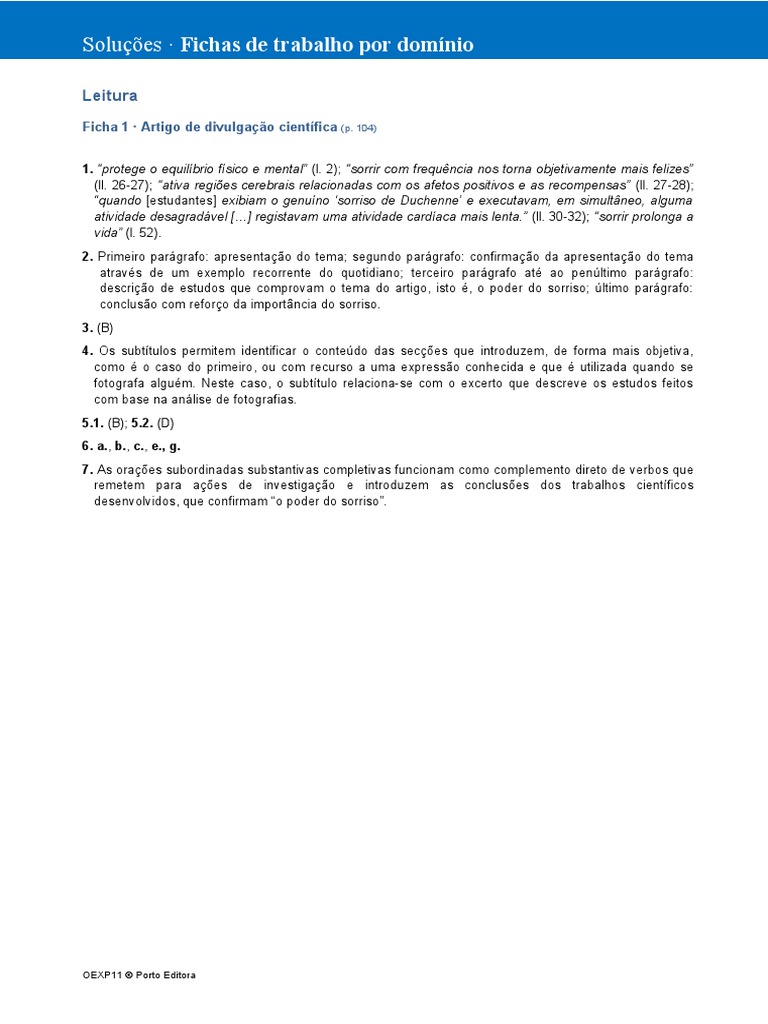 Oexp11 Leitura Ficha1 Solucoes | PDF