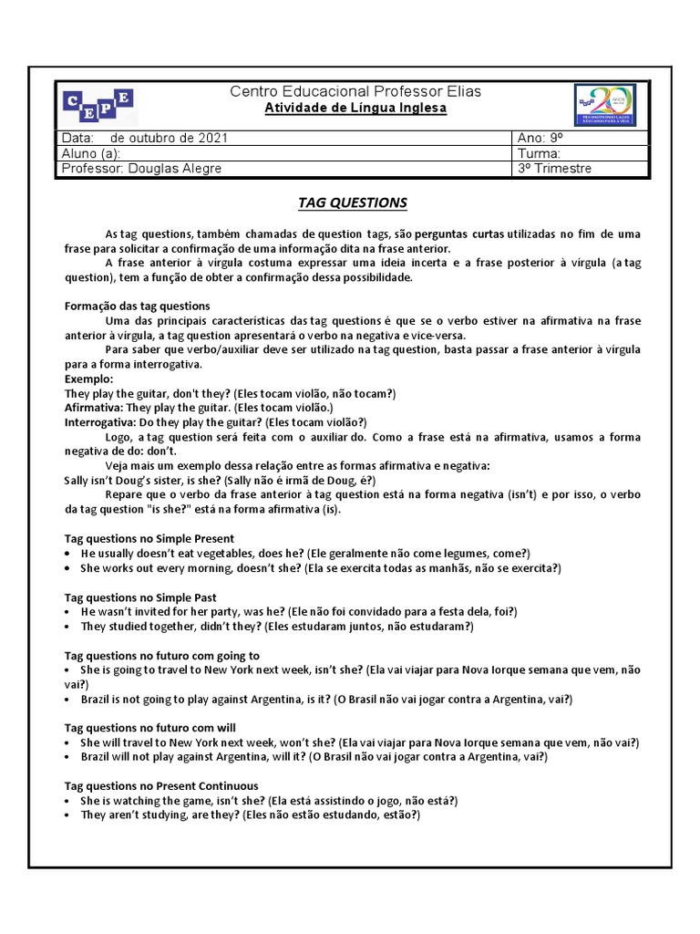 Tag Questions - Explicação e Exercícios | PDF | Linguística | Unidades ...