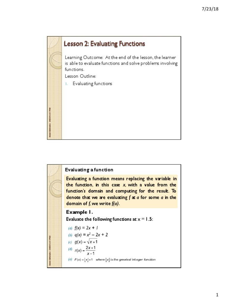 Lesson 2: Evaluating Functions Lesson 2: Evaluating Functions | PDF ...
