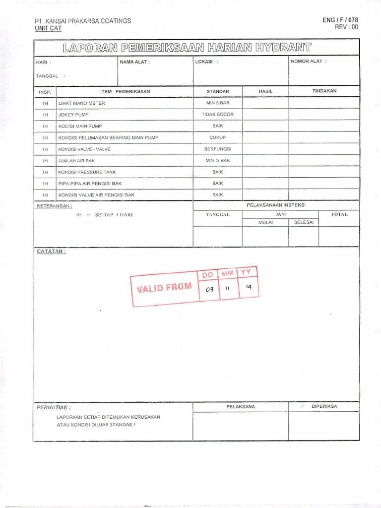 Laporan Pemeriksaan Harian Hydrant | PDF
