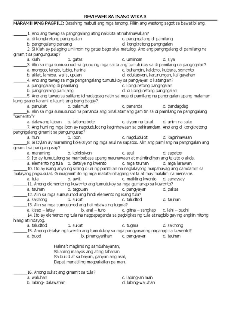 Reviewer in Inang Wika 3 | PDF