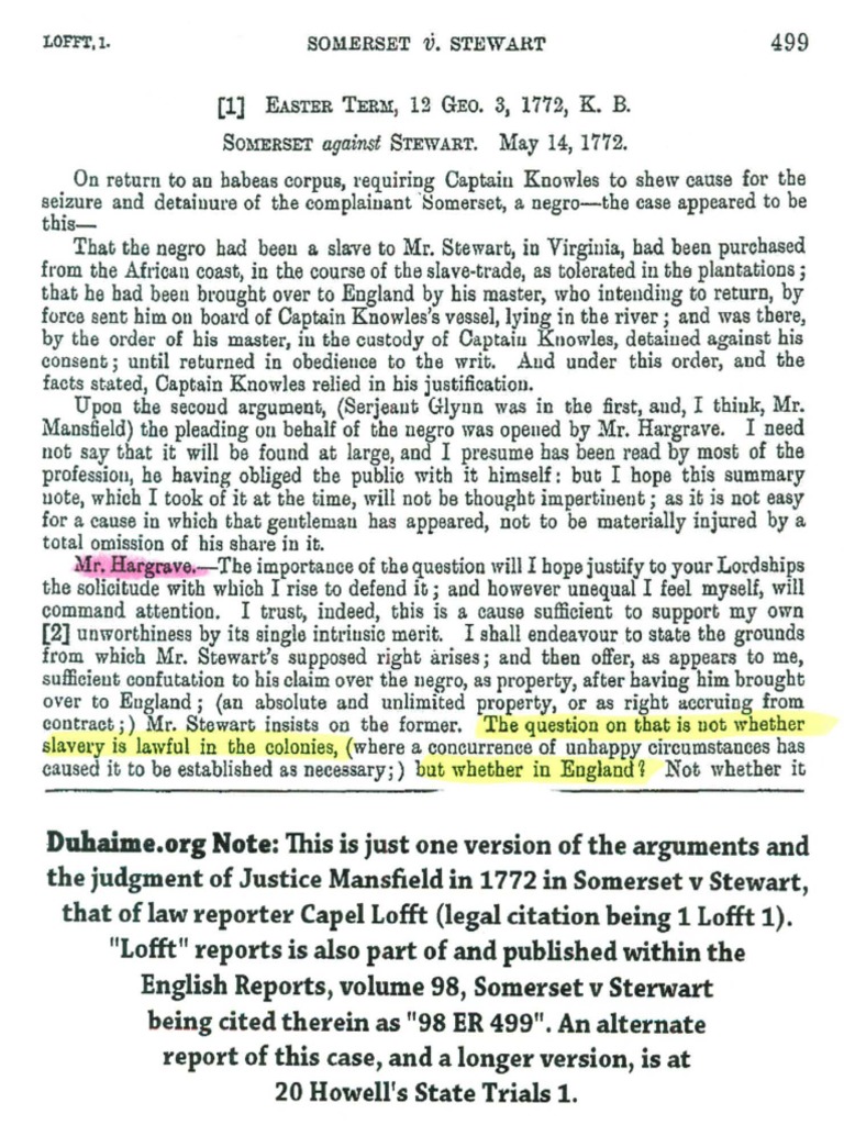 Somerset V Stewart, 1 Lofft 1, 1722 | PDF | Slavery | Serfdom