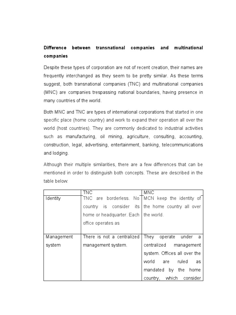 TNC vs MNC: Key Differences Explained | PDF | Multinational Corporation | Companies