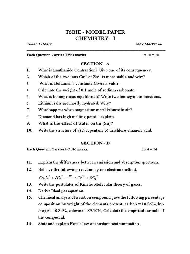 CHEMISTRY - I (EM) Model Paper 2020-21 | PDF | Chemical Reactions ...