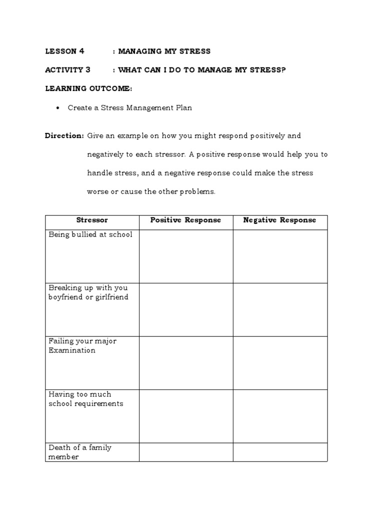 Lesson 4: Managing My Stress Activity 3: What Can I Do To Manage My ...