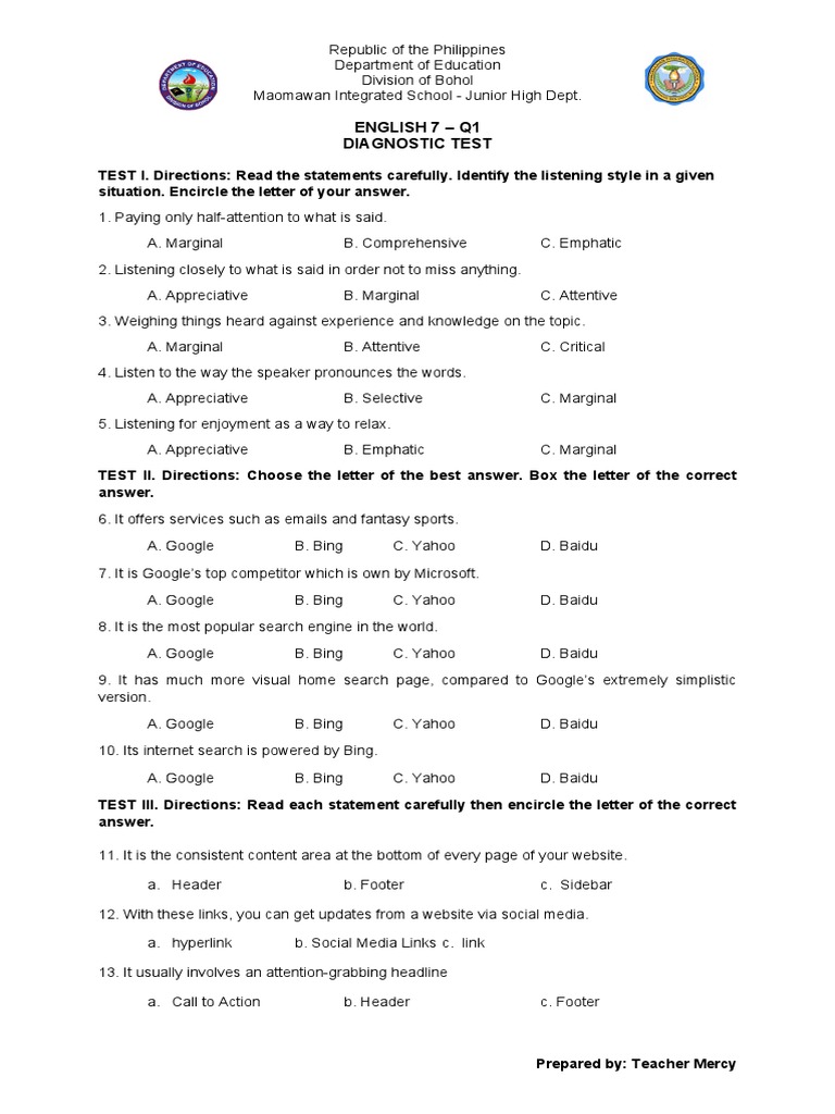 English 7 Diagnostic Test | PDF | World Wide Web | Internet & Web