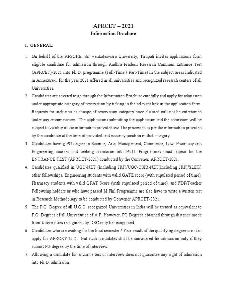 APRCET Information Broucher 2021 | PDF | University And College ...