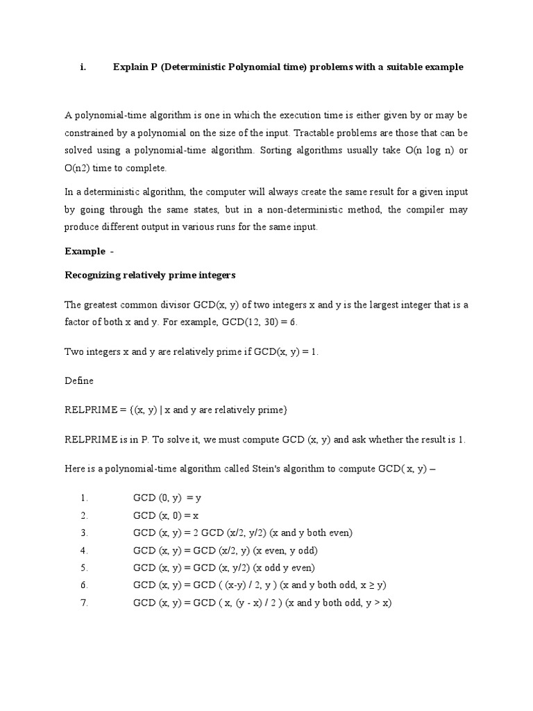 I. Explain P (Deterministic Polynomial Time) Problems With A Suitable ...