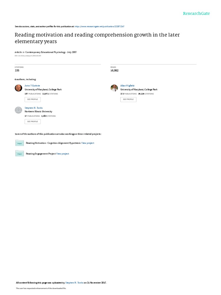 Reading Motivation and Reading Comprehension Growt | PDF | Motivation ...