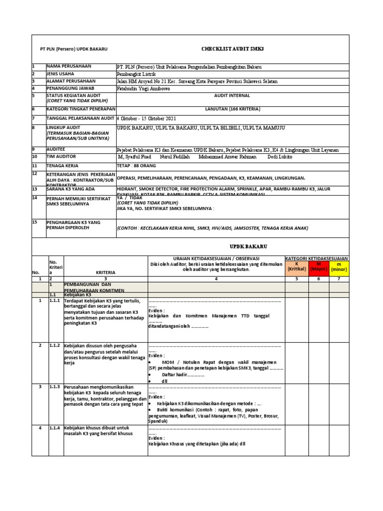 Checklist Audit SMK3 - Lanjutan - (166 Kriteria) | PDF