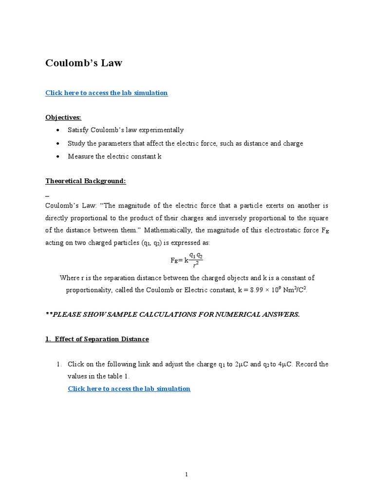 Physics II - Lab 1 - Coulomb's Law | PDF | Physics | Physical Sciences