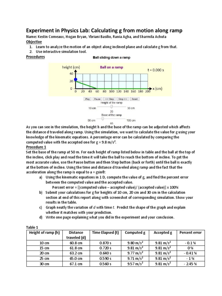 Experiment in Physics Lab: Calculating G From Motion Along Ramp | PDF ...
