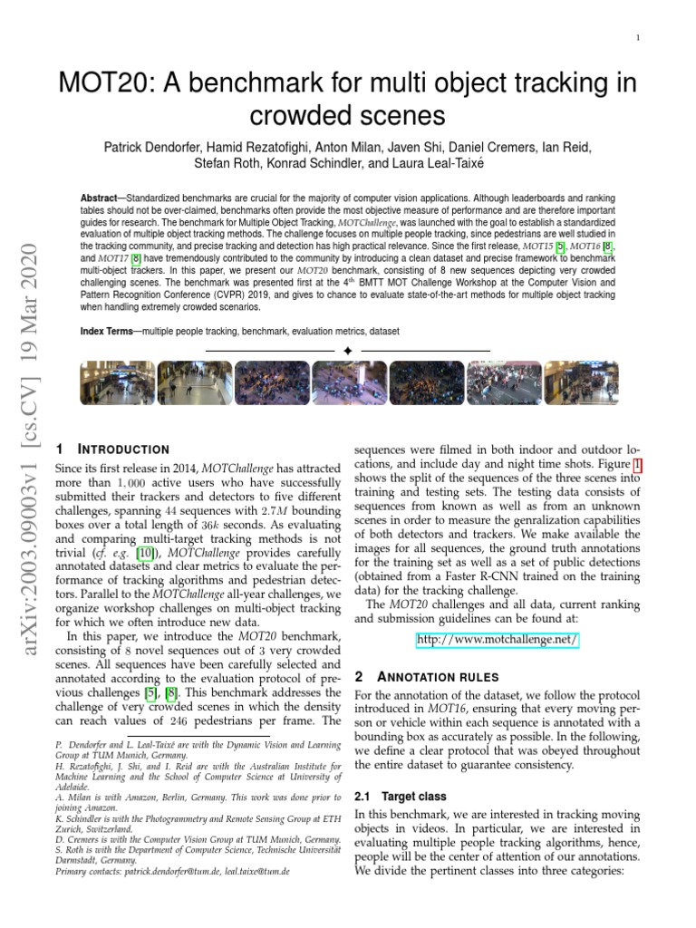 MOT20: A Benchmark For Multi Object Tracking in Crowded Scenes | Download Free PDF | Comma ...