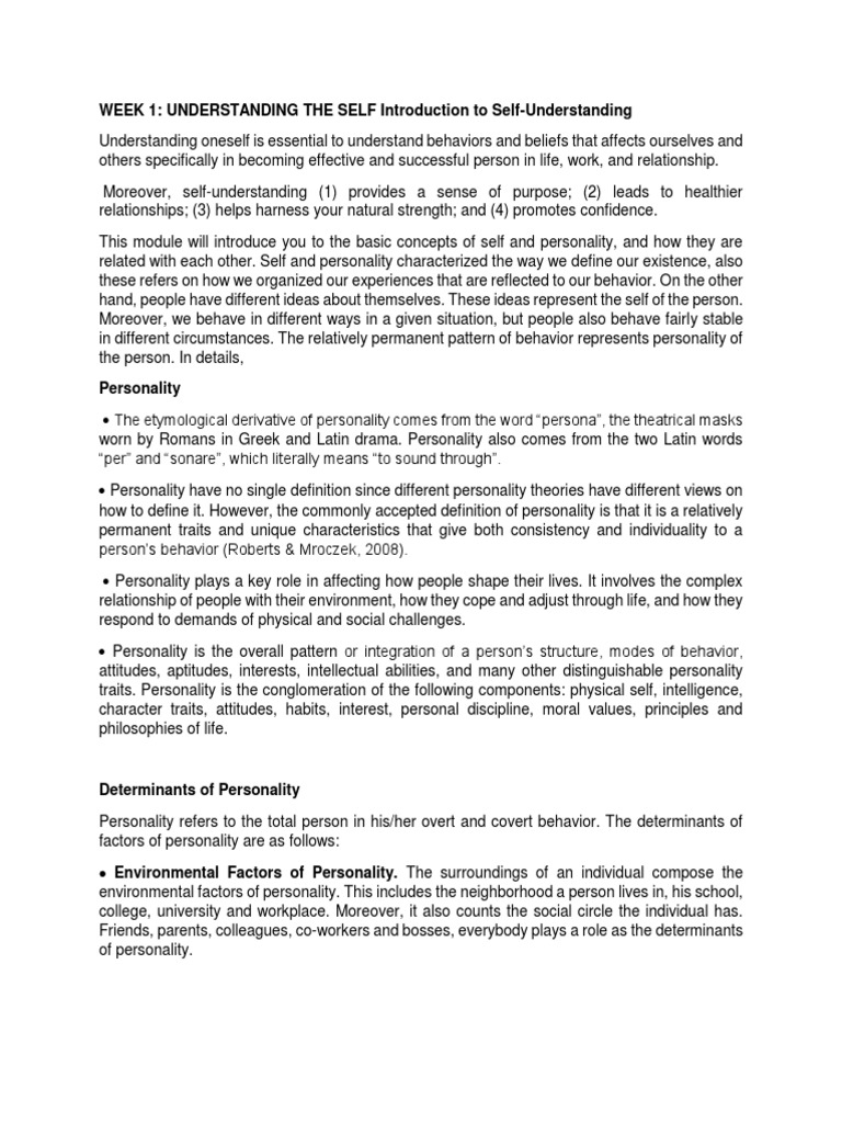 WEEK 1-UNDERSTANDING THE SELF Introduction To Self-Understanding | PDF | Extraversion And ...