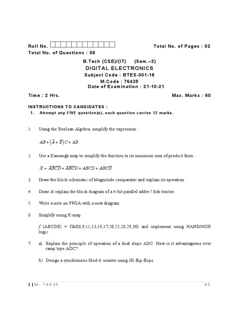Digital Electronics Exam Questions | PDF