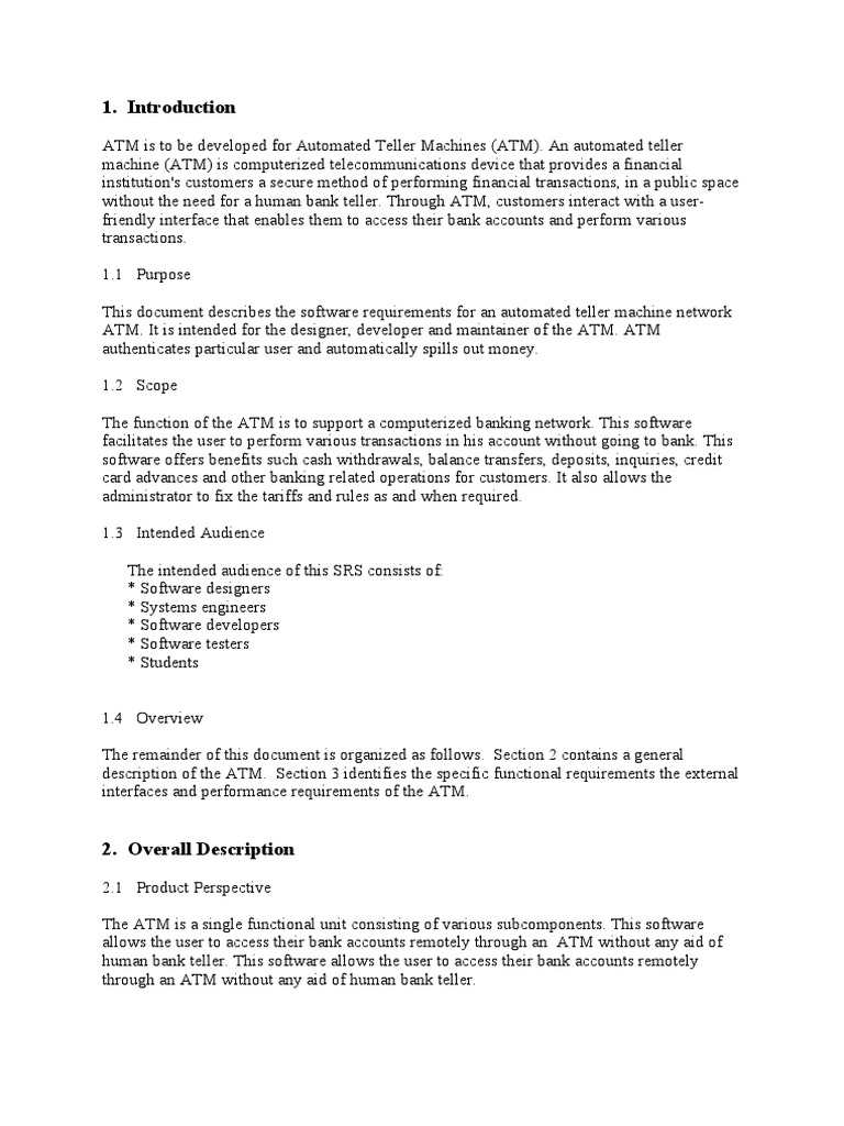 SRS Atm Final | PDF | Automated Teller Machine | Banks