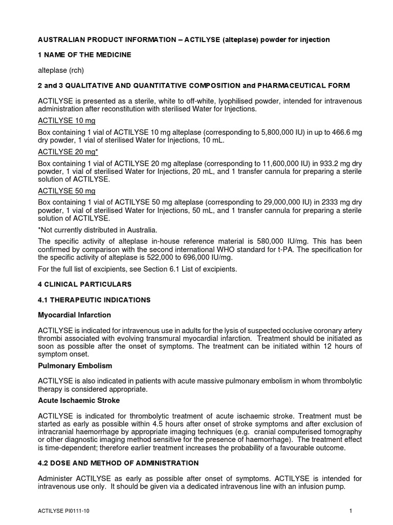 Australian Product Info - Actilyse Thrombolytic Powder | PDF | Stroke ...